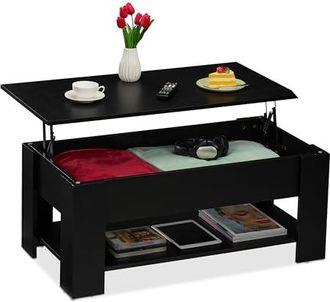 Relaxdays Couchtisch aufklappbar, HBT: 42x98x50 cm, Wohnzimmertisch mit Stauraum, zusätzliche Ablagefläche, schwarz