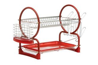 Premier Housewares 2 Tier Dish Drainer, Enamel Coated Frame, Glass and Utensil Holder/Removable Red Plastic Drip Tray Abtropfgestell, 2 Etagen, mit herausnehm