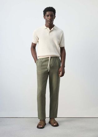 Mango Pantalon en lin et coton coupe slim cropped vert for&ecirc;t - Homme - 36 - MANGO MAN