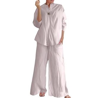 Generic Surv&ecirc;tement deux pi&egrave;ces en velours pour femme - Tenue d&eacute;t&eacute; d&eacute;contract&eacute;e en lin - Col rond - Manches 3/4 - Pantalon &agrave; taille haute et large avec poches