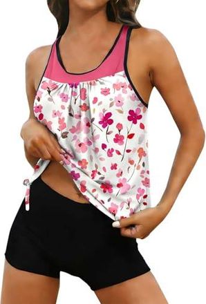 Generic Maillot de bain tankini deux pi&egrave;ces pour femme avec short boyleg - Contr&ocirc;le du ventre - Taille haute - D&eacute;bardeur de bain vintage &agrave; imprim&eacute; floral - Po