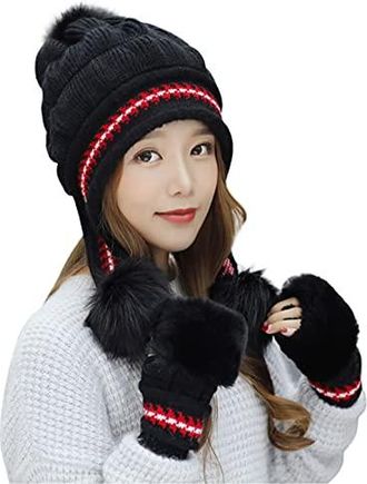 Generic Chapeau &eacute;pais tricot&eacute; chaud en laine avec oreilles en peluche pour femme Casquettes de baseball Robe Chapeau pour femme, Noir, Taille unique