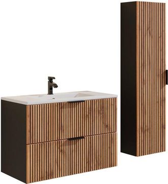 Vente-Unique Vente-unique - Meuble de salle de bain suspendu stri&eacute; avec vasque &agrave; encastrer et colonne - Naturel clair et noir - 80 cm - madela