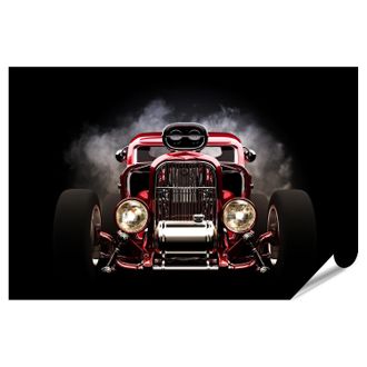 Islandburner XXL Bild Poster Roter Hotrod mit Rauch und schwarzen Hintergrund Premium Bilder 130x90cm