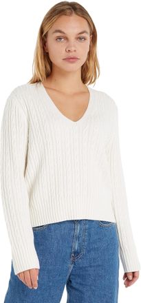 Tommy Hilfiger Damen Pullover V-Neck Sweater Strickpullover, Weiß (Ecru), L