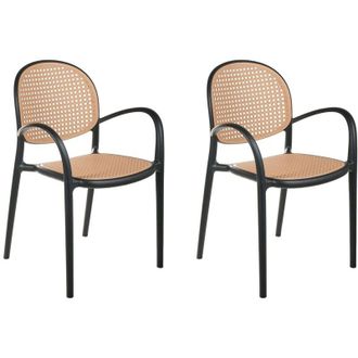 Beliani Esszimmerstuhl 2er Set Schwarz Kunststoff mit Wiener Geflecht Stapelbar Retro Stil Esszimmer K&uuml;che Garten Ausstattung Sitzm&ouml;bel Plastikstuhl