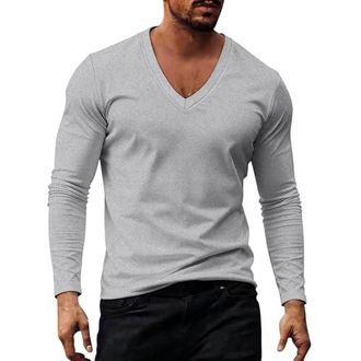 Generic DENGJIAMY T-shirts &agrave; col en V profond pour hommes tendance solide &agrave; manches longues classique basique uni hauts d&eacute;contract&eacute;s printemps v&ecirc;tements tenda