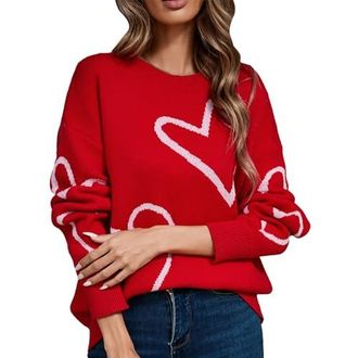 Generic Pull tricot&eacute; pour la Saint-Valentin - Grande taille - Haut &agrave; manches longues - Coupe ample - Confortable - Doux - Imprim&eacute; coeur - Pour femme - Chaud -