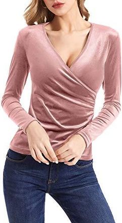 Generic T-shirts Personnalis&eacute; Col V Velours Chemisier Femme avec Design enveloppant Coupe &eacute;troite Manches Longues pour un look &eacute;l&eacute;gant T-shirts pour femmes T-