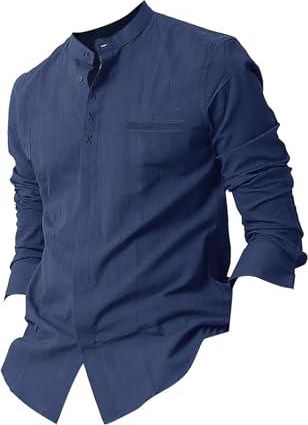 Generic Chemise décontractée à manches longues en coton et lin de couleur unie pour homme, bleu marine, L