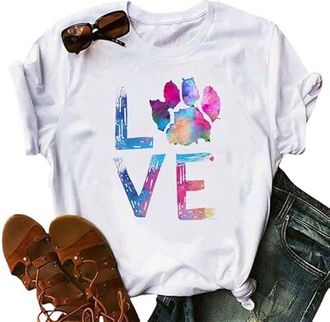 Keephen Patte de Chien Amour Coeur T-Shirt Femmes Mignon Patte de Chien Impression 3D Manches Courtes Tee Shirt &Eacute;t&eacute; Grande Taille Col Rond Pullover Tops