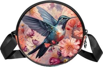 Generic Petit sac &agrave; bandouli&egrave;re rond pour femme, motif colibri floral avec fermeture &eacute;clair, bretelles r&eacute;glables, sac &agrave; main rond d&eacute;contract&eacute; pour femmes et f