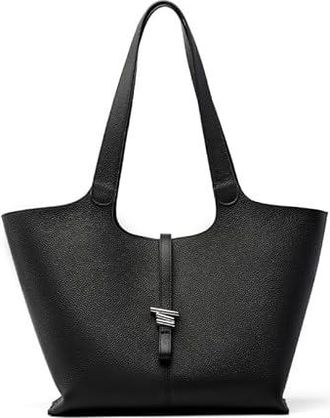 Generic Sac fourre-tout en cuir de vachette grande capacité Sac à bandoulière en cuir pour femme Noir et marron, noir