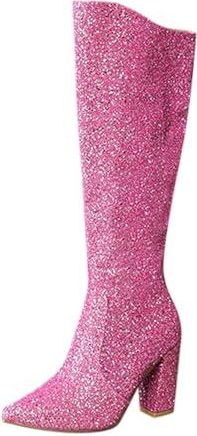 Generic Bottes &agrave; talons &eacute;pais scintillants pour le printemps et - Sexy - Bottes hautes rondes &agrave; gros talons pour femme, Rose, 42 EU