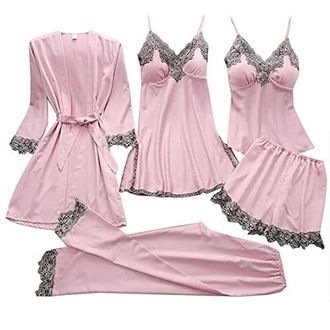 Generic Ensemble de pyjama 5 pi&egrave;ces en satin et dentelle pour femme avec robe, rose, XL