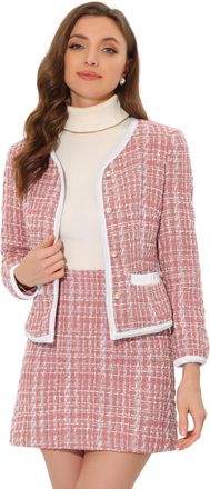 Allegra K Business-Anzug-Set f&uuml;r Damen, Weihnachten, 2-teilig, kariert, Tweed, Ostern, kurze Blazer-Jacke und Rock-Sets, rose, S