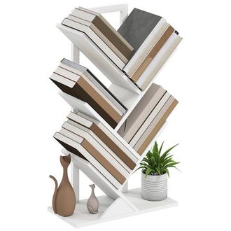 HOMCOM Bibliothèque en Forme darbre 5 Niveaux avec 5 étagères et Cadre en Acier pour Le Salon, Le Bureau, létude et la Chambre à Coucher 50x24x82 cm Blanc