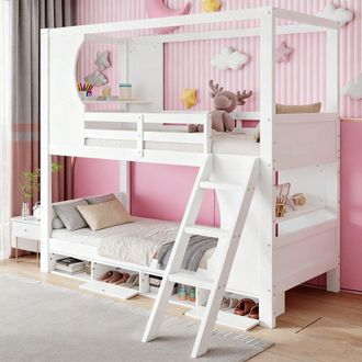 Generic Modernes Etagenbett für Kinder (90x200 cm) - Mit integriertem Schreibtisch & Schuhschrank (4 Fächer) - Sicherheits-Gitter & dreistufige Schrägleiter