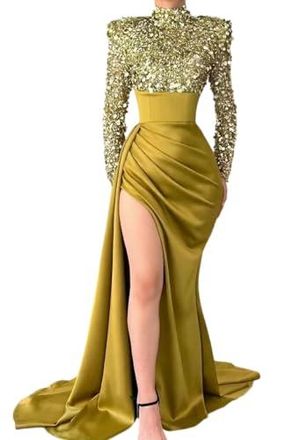 Generic Robe de soirée à col roulé à paillettes olive - Robe de soirée sirène à lacets dans le dos et fente haute, doré, 38