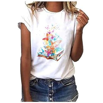 Generic T-shirt basique pour femme avec imprim&eacute; - Col rond - Hauts blancs - Coton - D&eacute;contract&eacute; - Femme - D&eacute;contract&eacute; - Manches courtes - Tops - T-shirt de sp