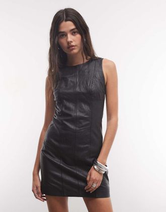 AllSaints Vee &auml;rmelloses figurbetontes Leder-Minikleid in Schwarz
