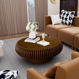 Generic Moderner runder, trommelf&ouml;rmiger Couchtisch mit Rillenprofil f&uuml;r das Wohnzimmer, Kleiner minimalistischer Beistelltisch aus Holz im Mid-Century-Stil m