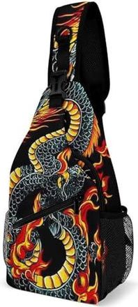 Generic Sacoche Tactique Dragon chinois noir de feu flamboyant Casual Sacs Poitrine Antivol Sac Poitrine pour Homme Femme Randonn&eacute;e