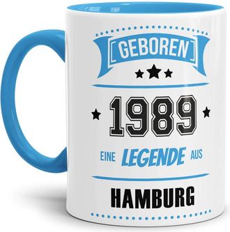 Tassendruck Geburtstags-Tasse Geboren 1989 Eine Legende aus Hamburg Innen & Henkel Hellblau/Geschenk/mit Spruch/Mug/Cup/Becher/Qualit&auml;t Made in Germany