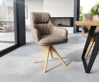 DELIFE Esszimmerstuhl Zelia-Flex mit Armlehnen Mikrofaser Taupe Vintage Holzgestell kantig Natur Taschenfederkern, Esszimmerst&uuml;hle