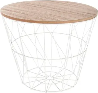 Atmosphera Atmosphera - Table dAppoint Panier Kumi, Blanche et Bois, D. 38 cm, Métal Filaire, Plateau Amovible - pour Salon, Chambre, Bout de Canapé