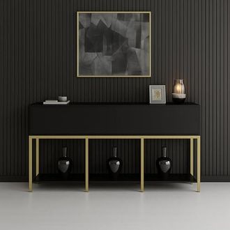 Dmora Sideboard Altair 150x30x80h cm Schwarz, 2 B&ouml;den, 4 F&auml;cher