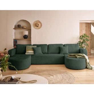 Best Mobilier Miro - wohnlandschaft u-form 7-sitzer - schlaffunktion und bettkasten - aus strukturiertem samt - grün