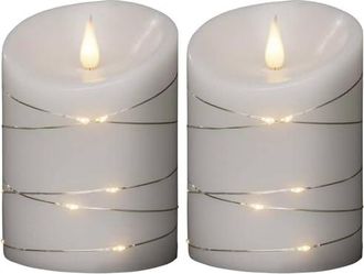 Konstsmide LED Echtwachskerze, weiß, mit 3D Flamme und silberfarbenem Draht umwickelt, mit 4h und 8h Timer, 1 warm weiße Diode / 15 LED Tropfen, batteriebetriebe