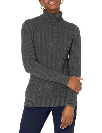Amazon Essentials Damen Leichter Rollkragenpullover Mit Zopfmuster (Erh&auml;ltlich In &Uuml;bergr&ouml;&szlig;e), Dunkelgrau Meliert, XS