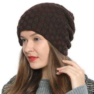 DonDon Mütze Damen Beanie Wintermütze Slouch Strickmütze mit warmen Fleece Innenfutter braun