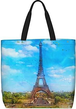 Generic Sac Fourre-Tout Motif &Eacute;l&eacute;gant Tour Eiffel Bleu Sac &Agrave; Provisions Pliable Personnaliser Sacs En Toile Pour Femmes, Pour Tous Les Jours, Voyage, Burea, S