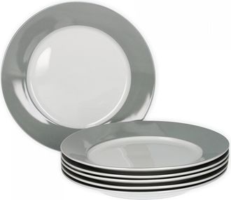 Van Well van Well Vario Frühstücksteller-Set 6-teilig - Teller-Service für 6 Personen - Kuchen-Teller mit Ø 20cm - Porzellan-Set weiß mit Rand in Grau - Desser