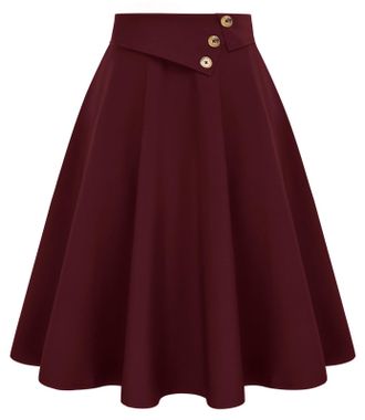 Belle Poque Klassischer 50er Jahre Rockabilly Rock Vintage Hochtaillierter Rock mit Kn&ouml;pfen Verziert Wein BP0758-05 S