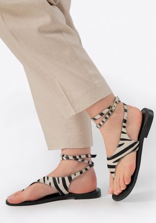 Wittchen Damen-Flip-Flop-Sandalen aus Leder mit Animal-Print, Schwarz und Beige