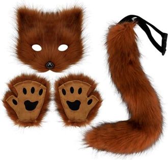 Dreshow Queue de Renard en Fausse Fourrure Masque en peluche Chat Loup Duveteux Halloween Costume De F&ecirc;te Gants &agrave; Pattes de Chat Cosplay Ensemble pour Femme