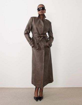 Bardot trench-coat long ceintur&eacute; en imitation cuir chocolat-Marron