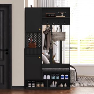 Generic Kompaktgarderobe Schwarz mit Lochwand & Sitzbank 100 cm Breit Garderobenset Flur Modern Hall Tree Gro&szlig; mit Schubladen & 4 Haken Pegboard Schuhschrank 