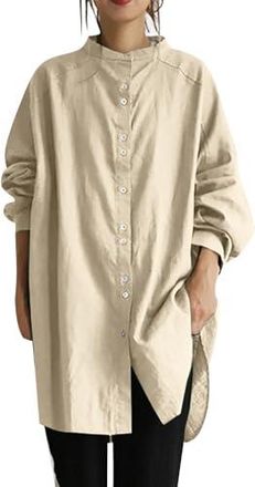 Generic Hauts d&eacute;t&eacute; amples en coton et lin pour femmes, col boutonn&eacute;, manches longues, habill&eacute;, d&eacute;contract&eacute;, tunique ample 2026, v&ecirc;tements tendance, kaki, 3XL