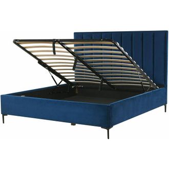 Beliani Polsterbett Marineblau Samtstoff Gesteppt mit Hohem Kopfteil Bettkasten Lattenrost 180x200 cm Hochklappbar f&uuml;r Schlafzimmer Doppelbett Ehebett