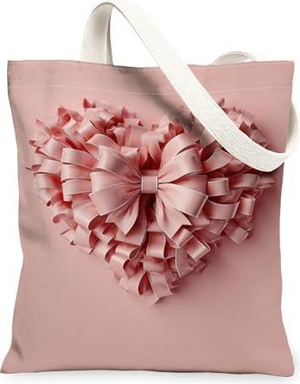 Generic Sacs fourre-tout en toile &agrave; volants en forme de coeur, motif noeud romantique, sacs d&eacute;picerie r&eacute;utilisables, motif floral printanier, l&eacute;ger et lavable