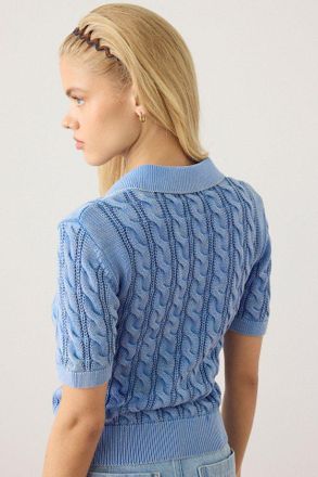 Next Polokragenpullover Gestricktes Polo-Kurzarmoberteil mit Zopfmuster (1-tlg)