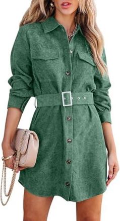 ORANDESIGNE Robe Femme Chic et Elegant Hiver en Velours C&ocirc;tel&eacute; Mini Robe Chemise D&eacute;contract&eacute; Col V Manches Longues Veste sur Robe Blouse Chemisier Tunique avec Ce