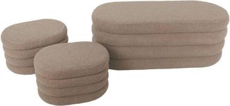 Sweeek Sweeek - Banc coffre en bouclettes taupe avec 2 poufs ovales de rangement int&eacute;gr&eacute;s - L111cm