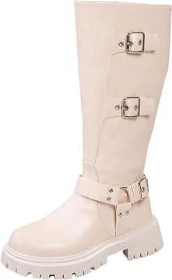 Generic Bottes hautes pour femme - Larges mollets - Style d&eacute;contract&eacute; - &Eacute;l&eacute;gantes - Couleur unie - Bout rond - Talon &eacute;pais - Boucle - Fermeture &eacute;clair lat&eacute;ral