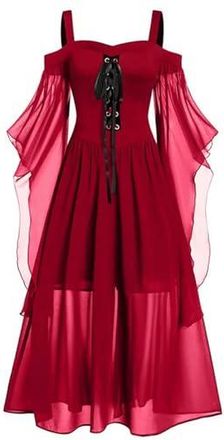 Generic Adulte Grande Taille Femmes Manches Gothique F&eacute;e Halloween M&eacute;di&eacute;val Costume Robe Robe-Style1 Rouge-L